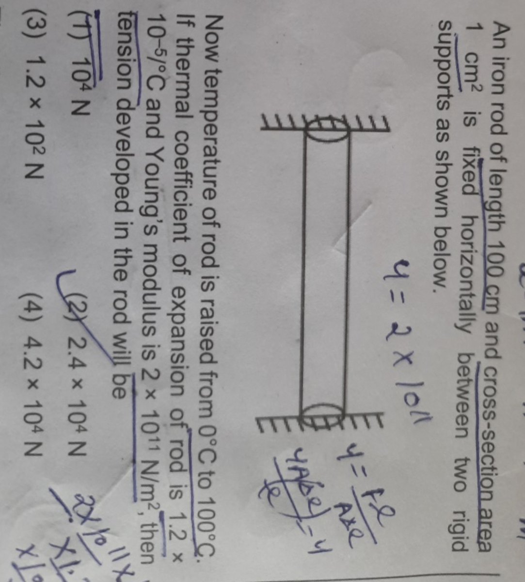 An iron rod of length 100 cm and cross-section area 1 cm² is fixed horizo..