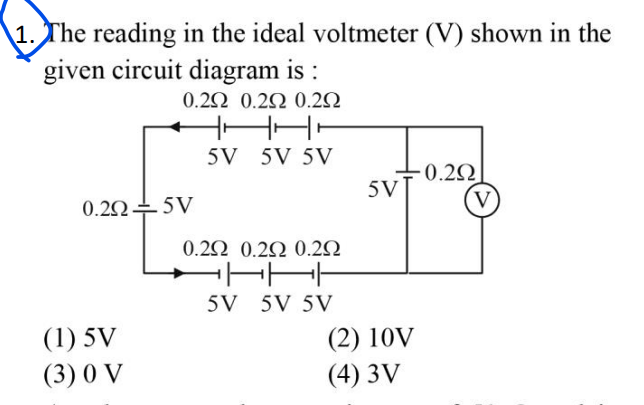 The reading in the ideal voltmeter ( \mathrm { V } ) shown in the given c..