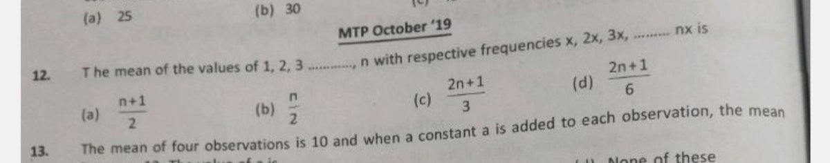 The mean of the values of 1, 2, 3, ..., n with respective frequencies x,