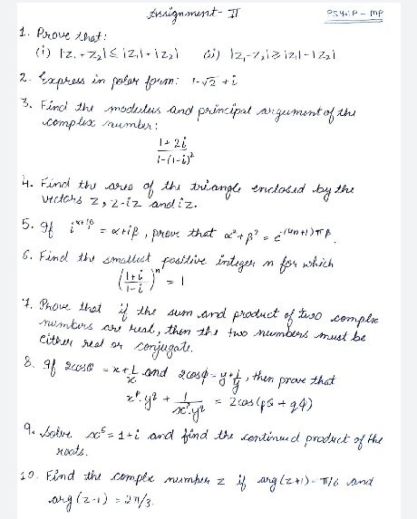 Here are 10 questions related to complex numbers: Prove that: (i) |z_..