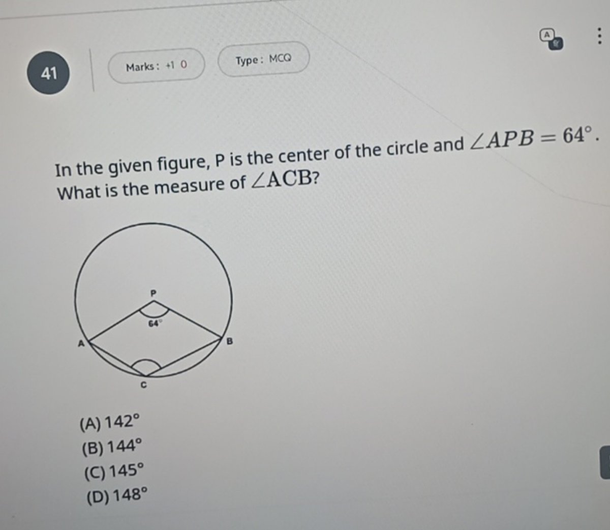 In the given figure, P is the center of the circle and ∠APB = 64°. What i..