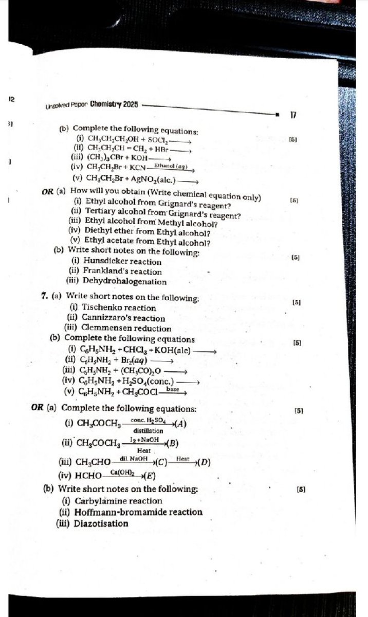 (b) Complete the following equations: (i) CH₃CH₂CH₂OH + SOCl₂ → (ii..