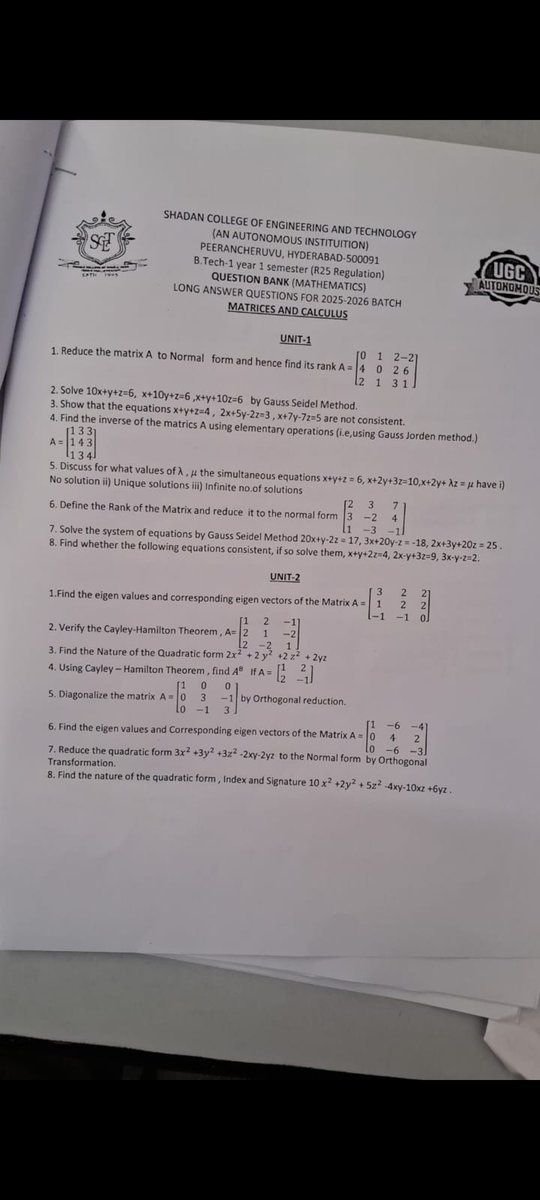 Reduce the matrix A to Normal form and hence find its rank A = 0 1 2 -2..