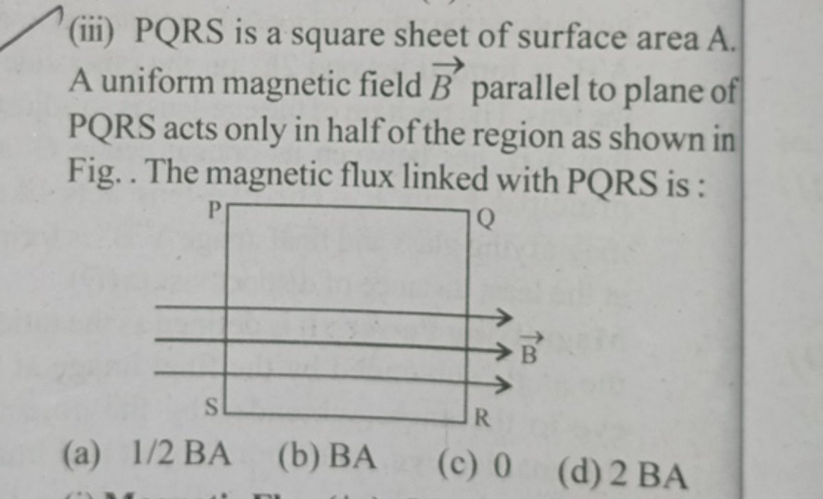 (iii) PQRS is a square sheet of surface area A . A uniform magnetic field..