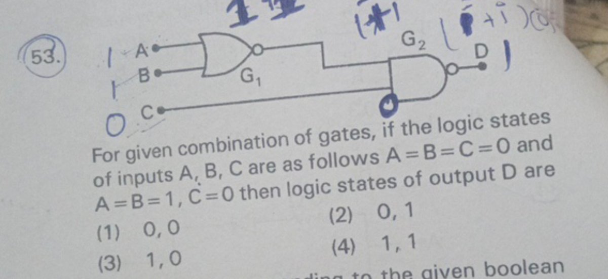 For given combination of gates, if the logic states of inputs A , B , C a..