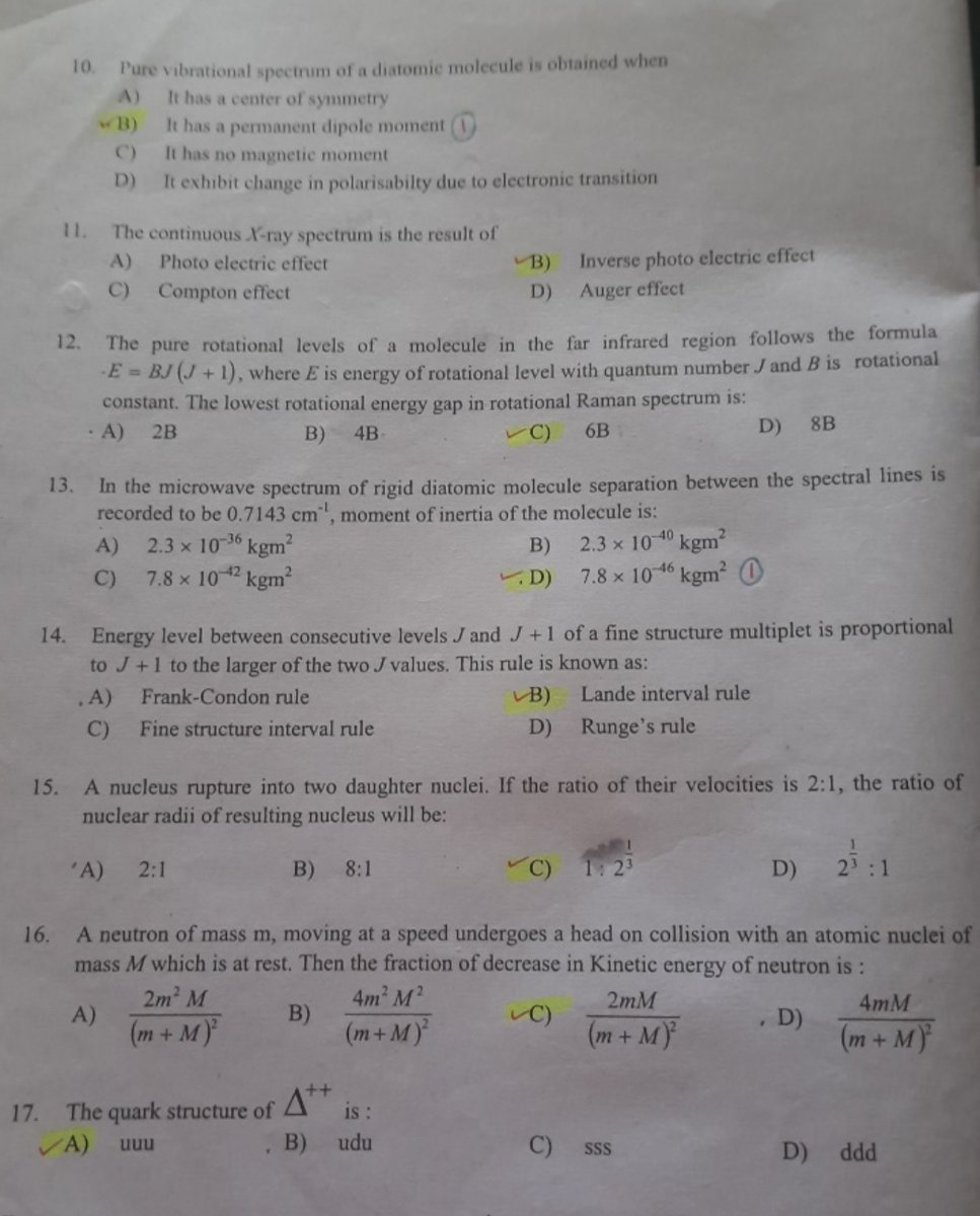 Pure vibrational spectrum of a diatomic molecule is obtained when A) It h..