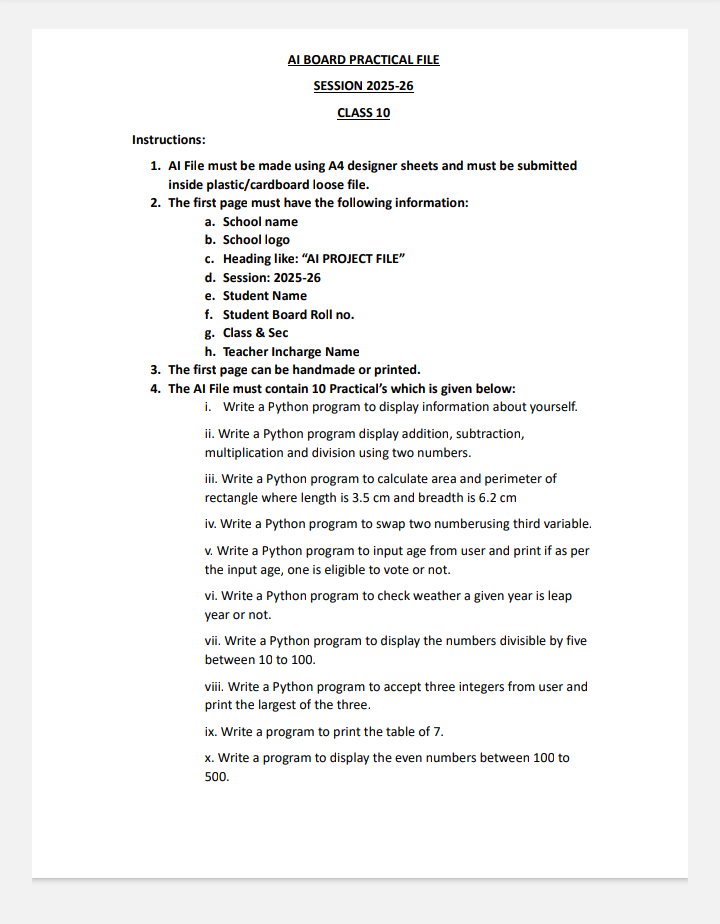 AI BOARD PRACTICAL FILE SESSION 2025-26 CLASS 10 Instructions: AI File m..
