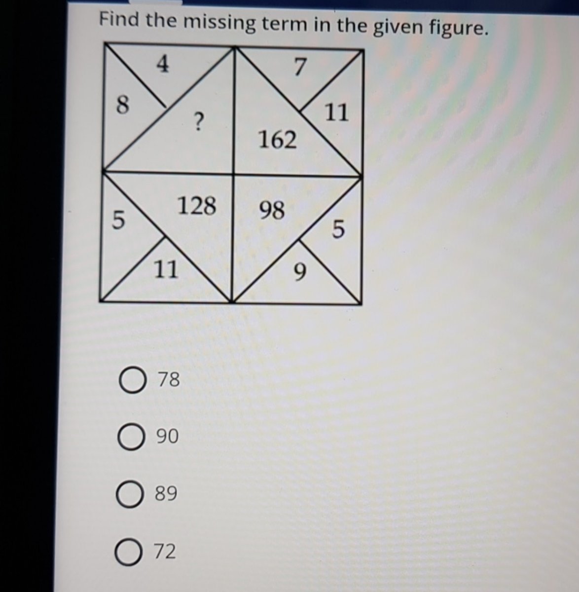 Find the missing term in the given figure. 78 90 89 72 | Filo