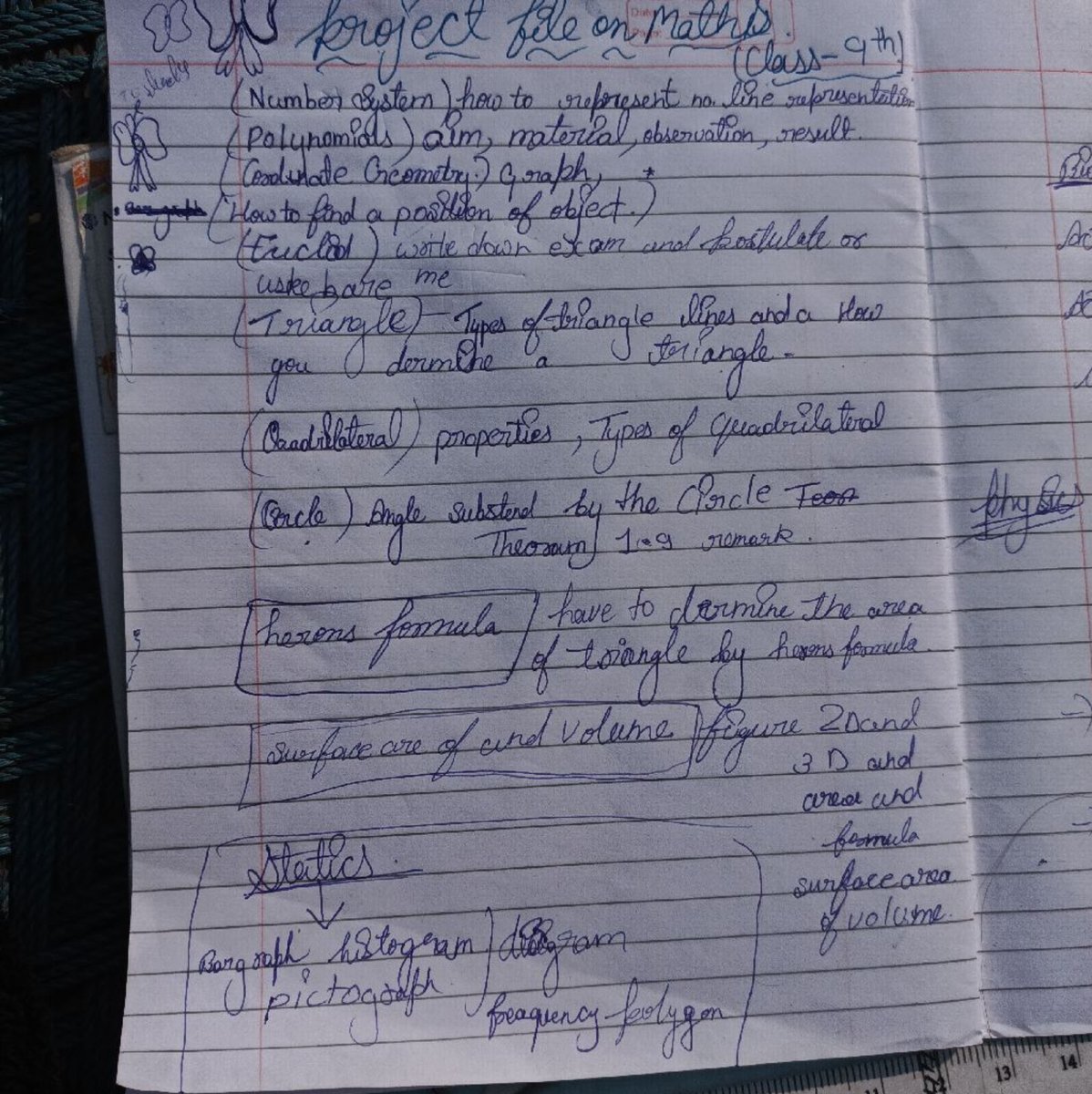 Here is a list of topics for a Class 9th Maths project file: Number Syst..