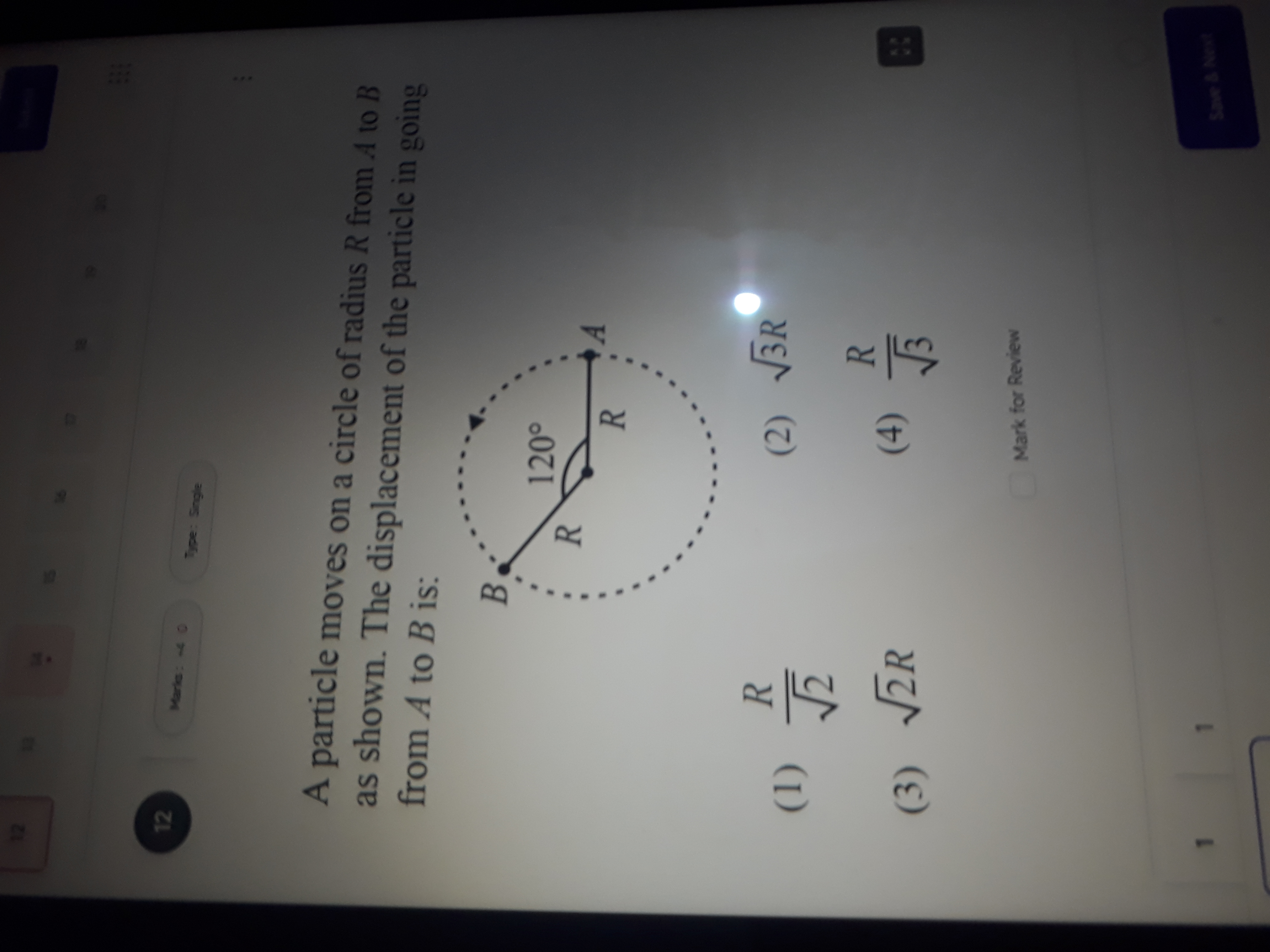 A particle moves on a circle of radius R from A to B as shown. The displa..