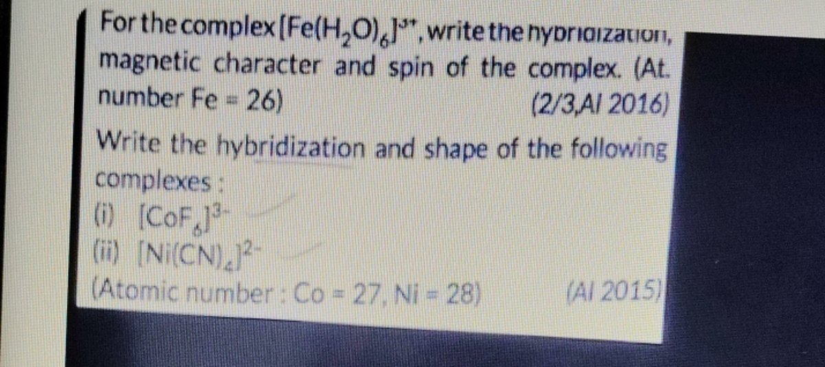For the complex \left[ \mathrm { Fe } \left( \mathrm { H } _ { 2 } \mathr..