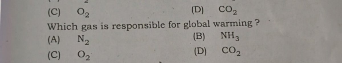 Which gas is responsible for global warming? (A) N₂ (B) NH₃ (C) O₂ (D) C..