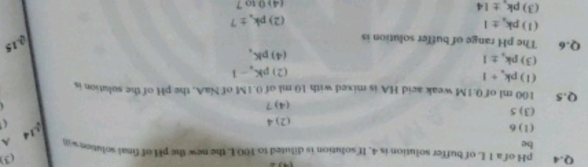 Q.4 pH of a 1 L of buffer solution is 4. If solution is diluted to 100 L,..