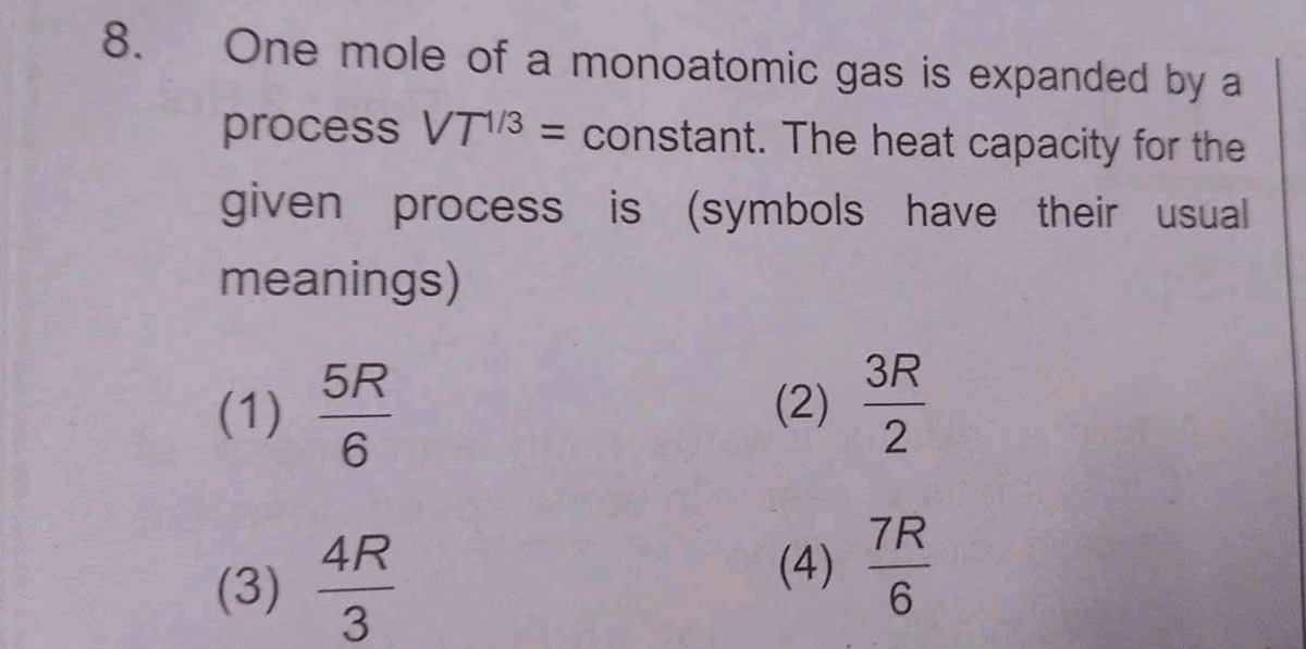 One mole of a monoatomic gas is expanded by a process V T ^ { 1 / 3 } = c..