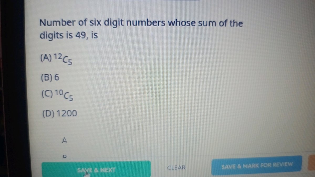 Number of six digit numbers whose sum of the digits is 49 , is (A) { } ^ ..