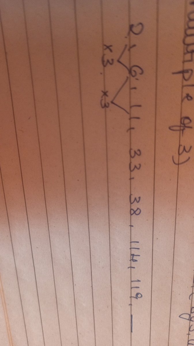 2, 6, 11, 33, 38, 114, 119, ... Find the next number in the sequence. Th..
