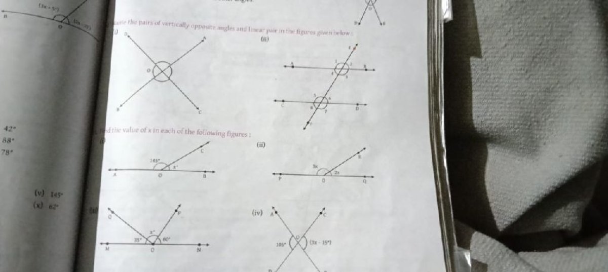 Name the pairs of vertically opposite angles and linear pair in the figur..