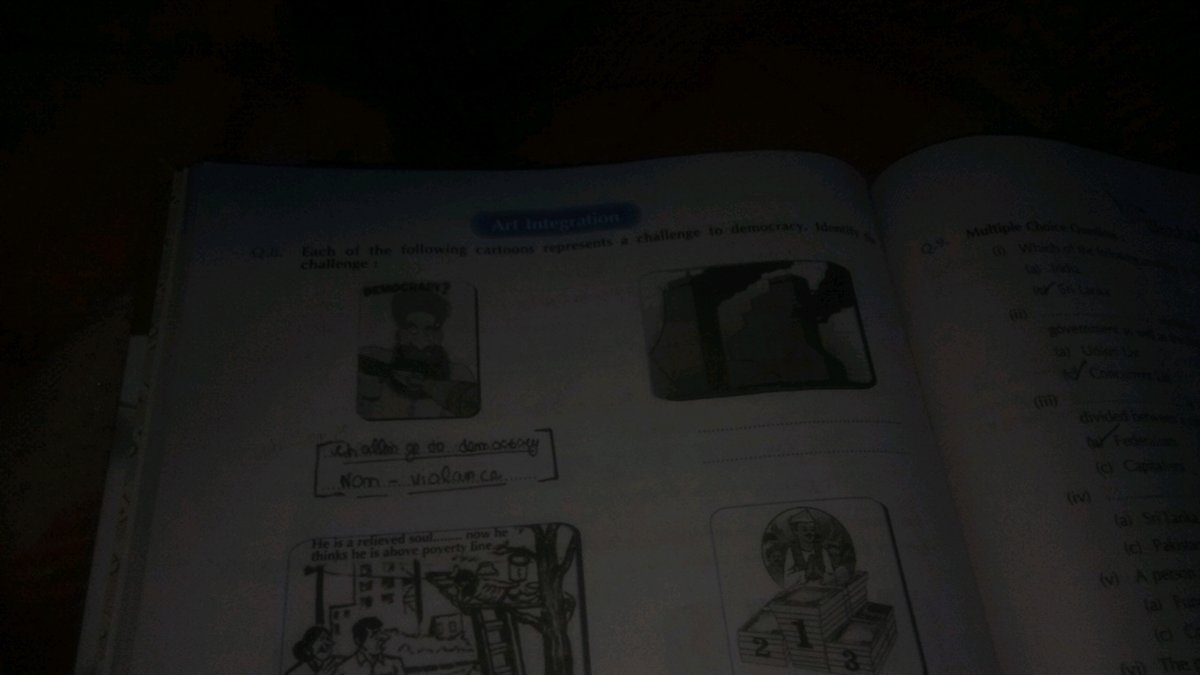 Each of the following cartoons represents a challenge to democracy. Ident..