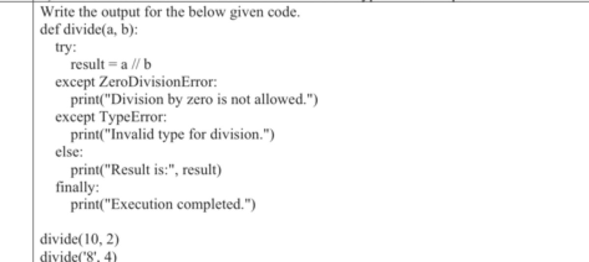 Write the output for the below given code. python def divide(a, b):