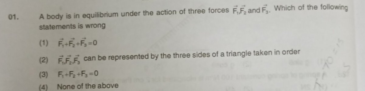 A body is in equilibrium under the action of three forces \vec { F } _ { ..