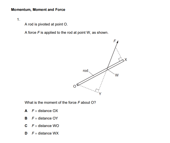 Momentum, Moment and Force A rod is pivoted at point O. A force F is appl..