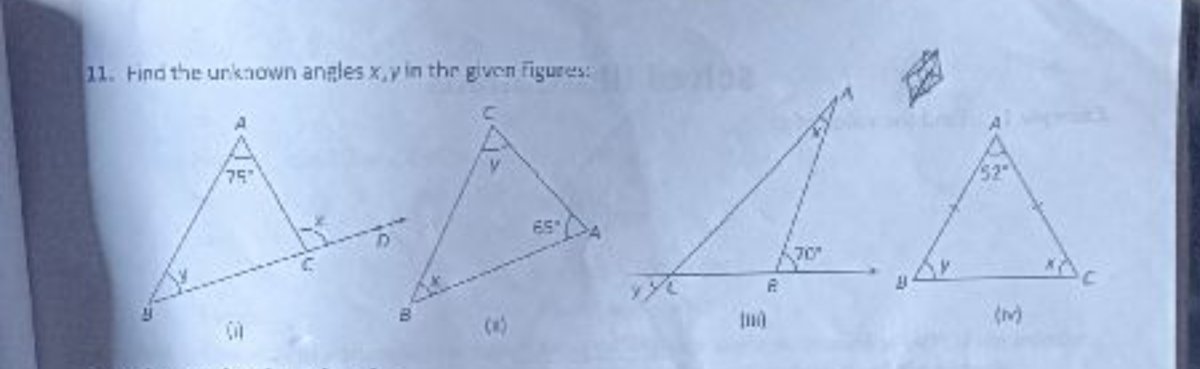 Find the unknown angles x, y in the given figures: (i) A triangle ABC wi..