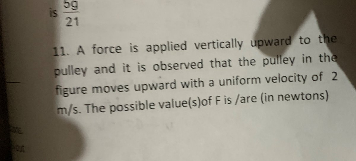 A force is applied vertically upward to the pulley and it is observed tha..