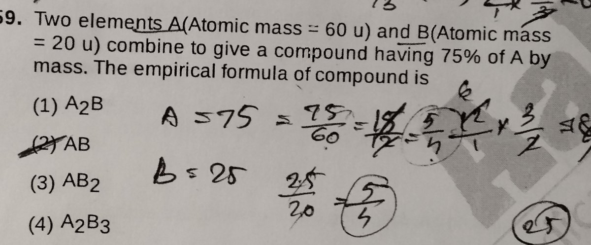 Two elements A (Atomic mass =60 \mathrm{u} ) and B (Atomic mass =20 \math..
