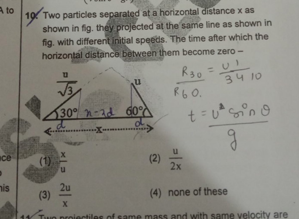 Two particles separated at a horizontal distance x as shown in fig. they