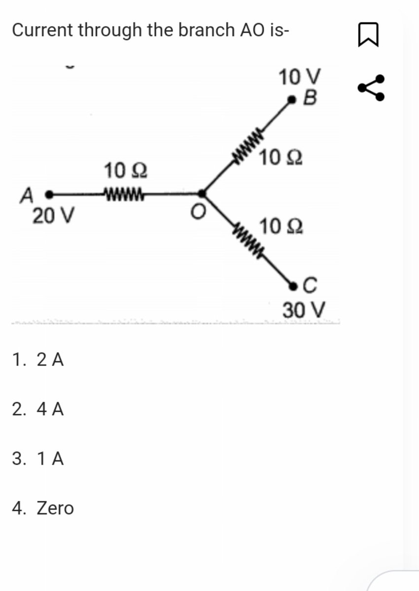 Current through the branch AO is- 2 A 4 A 1 A Zero | Filo