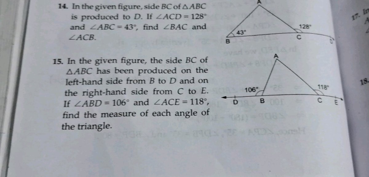 In the given figure, side BC of ABC is produced to D. If ∠ACD = 128° and..