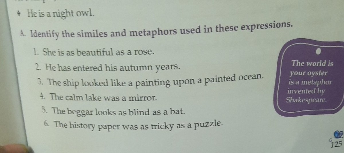 He is a night owl. A. Identify the similes and metaphors used in these ex..