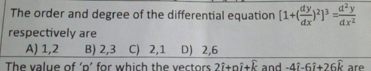 The order and degree of the differential equation \left[ 1 + \left( \frac..