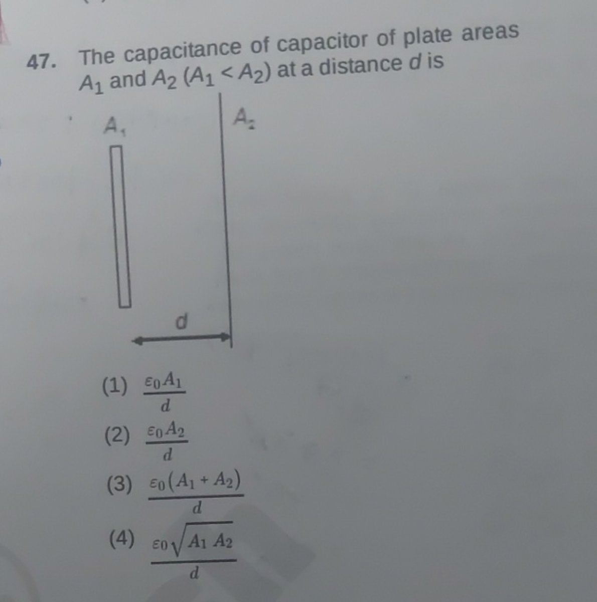 The capacitance of capacitor of plate areas A _ { 1 } and A _ { 2 } \left..