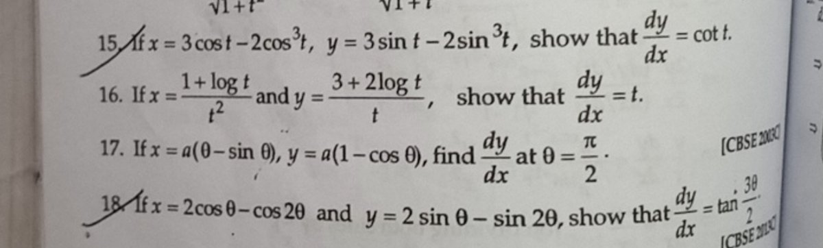 If x = 3\cos t - 2\cos^3 t, y = 3\sin t - 2\sin^3 t, show that \frac{dy}{..