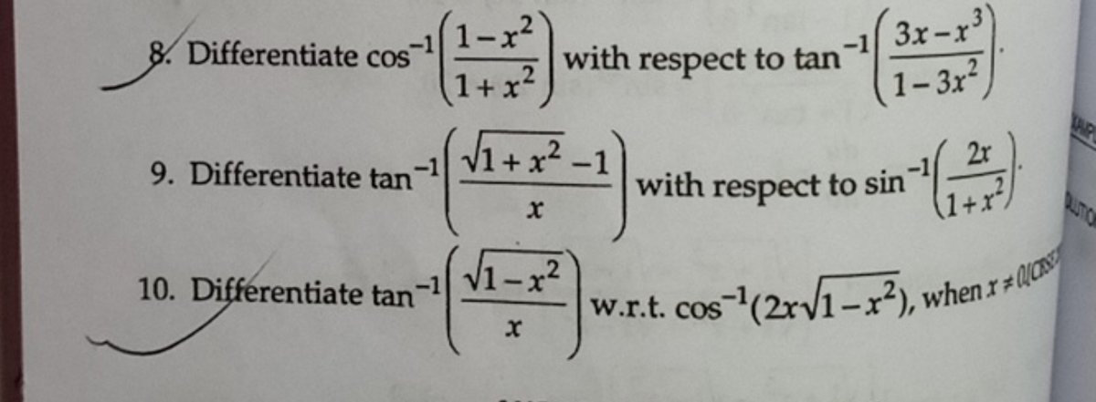 Differentiate \cos^{-1}\left(\frac{1-x^2}{1+x^2}\right) with respect to