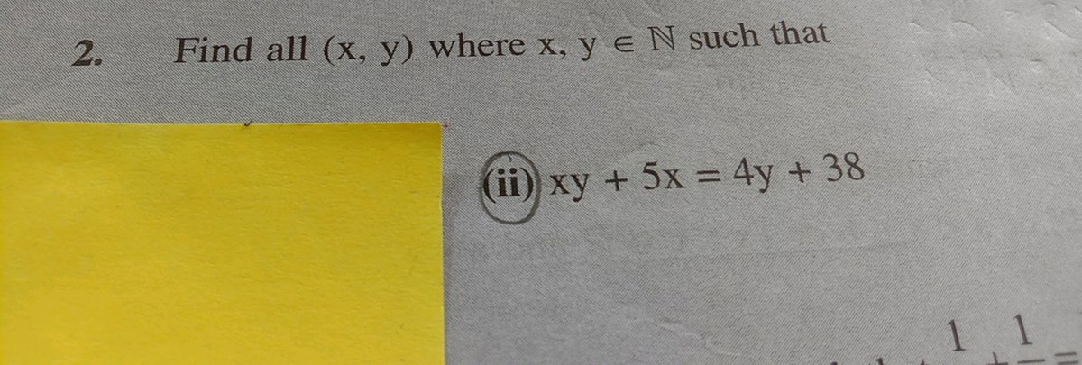 Find all (x, y) where x, y \in \mathbb{N} such that (ii) x y+5 x=4 y+38..