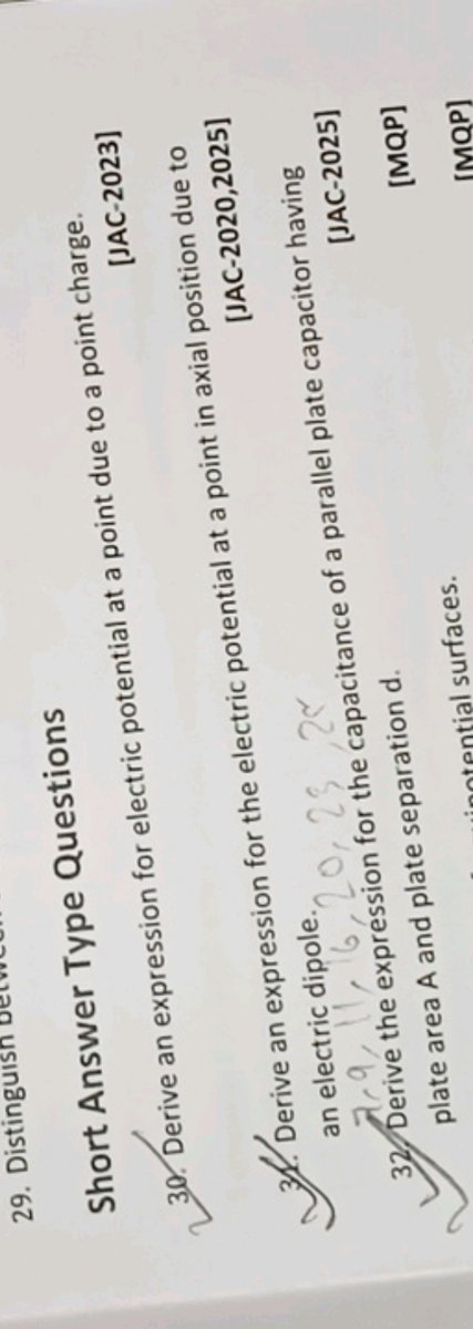 Short Answer Type Questions Distinguish between... Derive an expression..