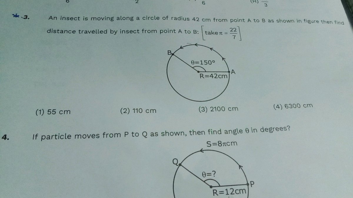 An insect is moving along a circle of radius 42 cm from point A to B as s..