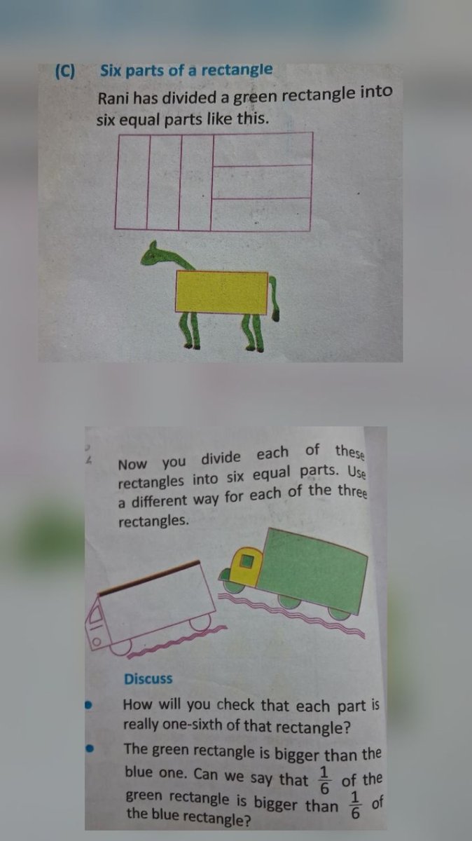 (C) Six parts of a rectangle Rani has divided a green rectangle into six