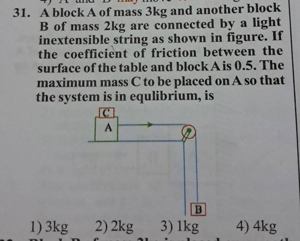 A block A of mass 3 kg and another block B of mass 2 kg are connected by