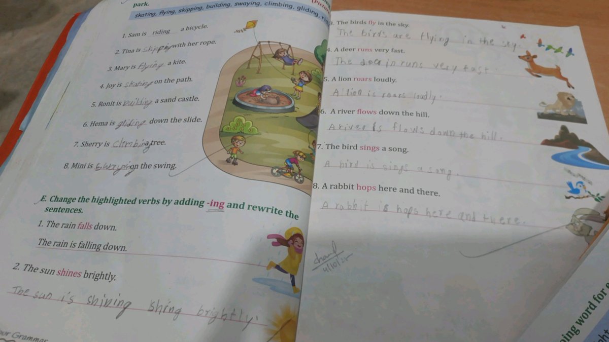 E. Change the highlighted verbs by adding -ing and rewrite the sentences...