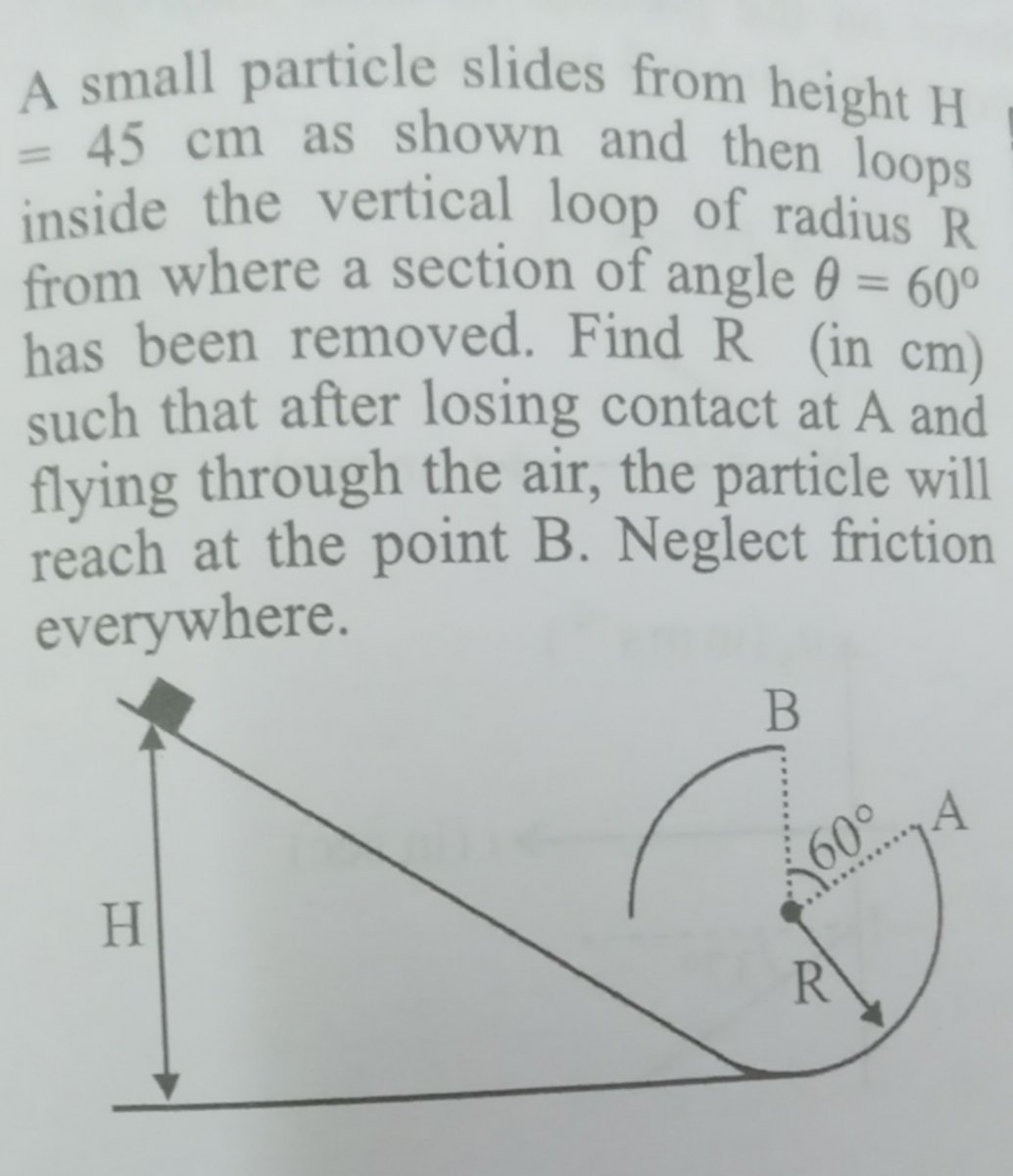 A small particle slides from height H = 45 \mathrm {~cm} as shown and the..