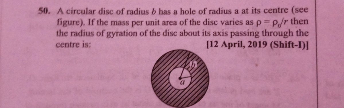 A circular disc of radius b has a hole of radius a at its centre (see fig..