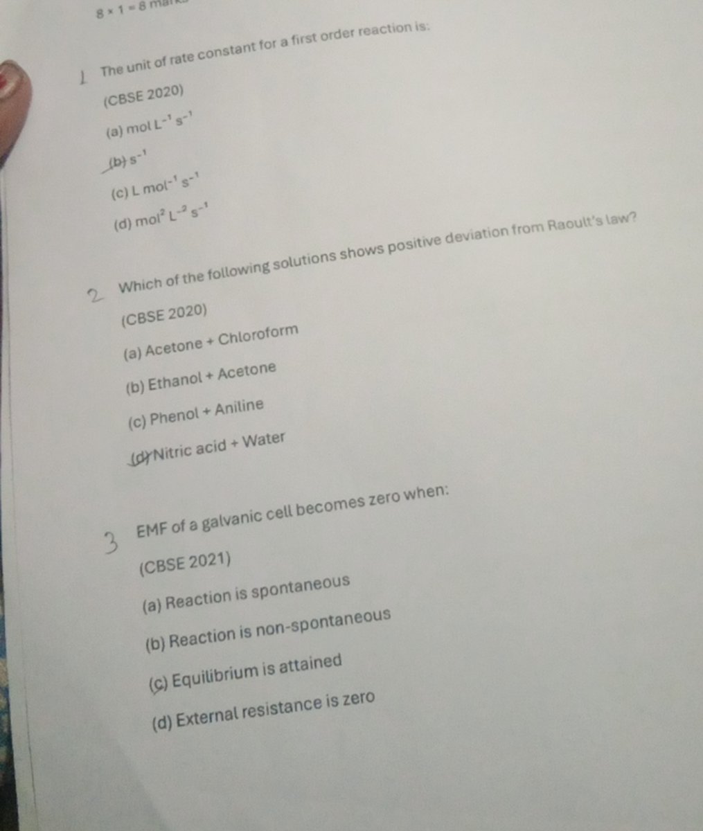 The unit of rate constant for a first order reaction is: (CBSE 2020) (a)