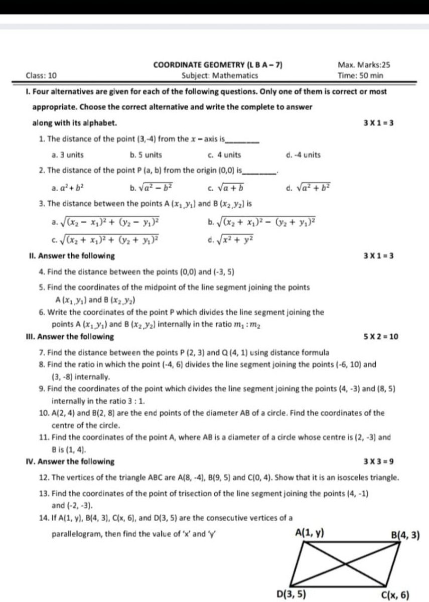 Class 10 Coordinate Geometry Questions: The distance of the point (3,-4)..