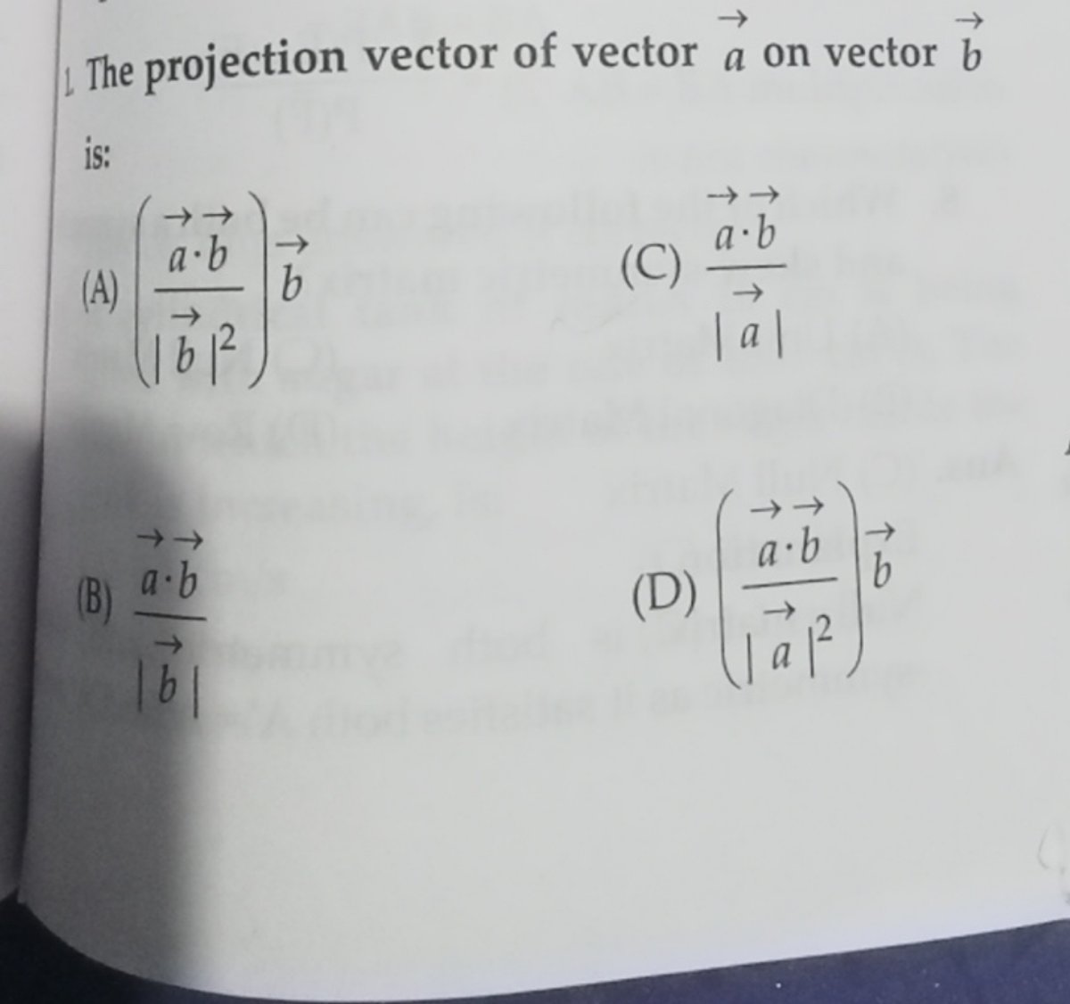 The projection vector of vector \vec{a} on vector \vec{b} is: (A) \left(..