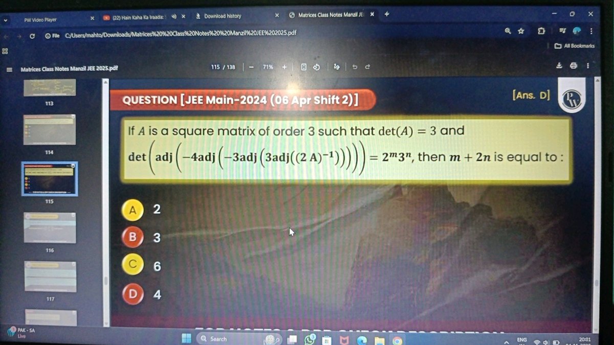 If A is a square matrix of order 3 such that det(A) = 3 and det(adj(-4adj..