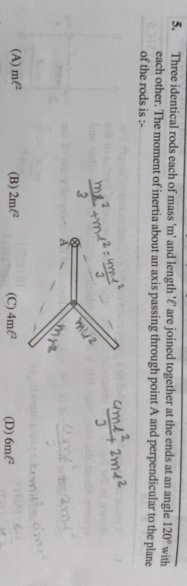 Three identical rods each of mass ' m ' and length ' \ell ' are joined to..