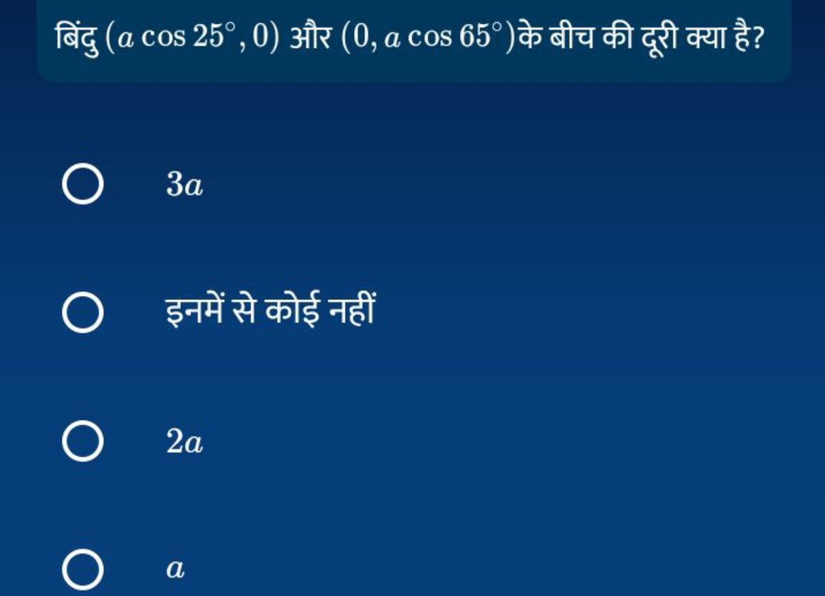 What is the distance between the points A(a \cos 25^{\circ}, 0) and B(0,